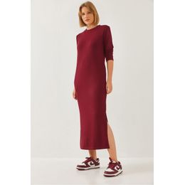 Crew-Neck Langarm-Midi-Kleid mit Schlitz