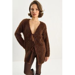 Strukturiertes V-Ausschnitt Midi-Cardigan mit Bindeg&uuml;rtel