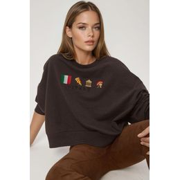 Bestickter Rundhalsausschnitt Sweatshirt aus Baumwolle mit erh&ouml;hte Oberfl&auml;che