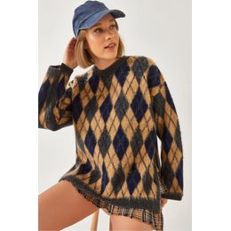 Crew-Nack Schlitz Strickpullover im Baklava-Muster