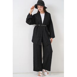 Strukturiertes Kimono-Hosen-Set mit Schalkragen