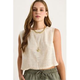 Leinen-Mischung Kurzarm Crew-Neck Bluse