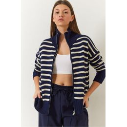 Gestreifter Strick-Cardigan mit Rei&szlig;verschluss und Taschen