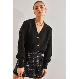 V-Ausschnitt Kurzer Rippenstrickcardigan mit goldfarbenen Kn&ouml;pfen
