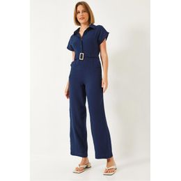 Langer Popeline-Jumpsuit mit Hemdkragen und Knopfverschluss