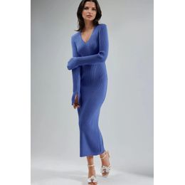 V-Ausschnitt Strukturiertes Maxi-Strickkleid mit Schlitz