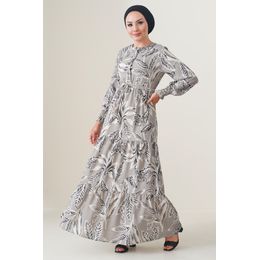 Bl&auml;tterdruck Langarm Schichten-Maxikleid