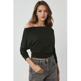 Asymmetrischer Kragen Langarm Elastisches Strick-T-Shirt