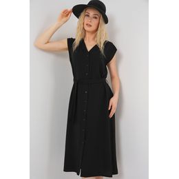 Strukturiertes V-Ausschnitt-Midikleid mit Knopfverschluss