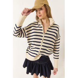 Gestreifter Strick-Cardigan mit Rei&szlig;verschluss und Taschen