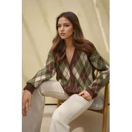 Langer V-Ausschnitt Geometrischer Strick-Cardigan mit Kn&ouml;pfen