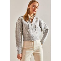 Perlenverzierten Rei&szlig;verschluss-Crop-Cardigan