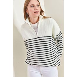 Gestreifter Rei&szlig;verschluss-Kragen Relaxed Fit Pullover