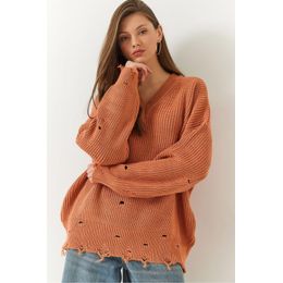 Oversized V-Ausschnitt Zerst&ouml;rter Strickpullover