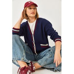 Gemusterter V-Ausschnitt Rippenstrick-Cardigan mit Taschen