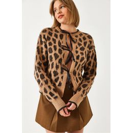 Leopardenmuster Strickjacke mit Pompon