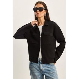 Rippstrick-Cardigan mit Rei&szlig;verschluss und Taschen