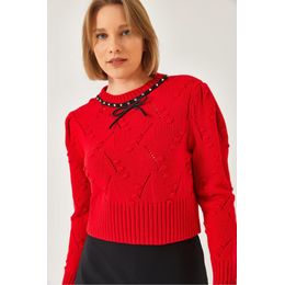 Strukturiertes besticktes Rundhals-Crop-Sweatshirt
