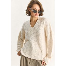 L&auml;ssiger V-Ausschnitt Strukturstrickpullover