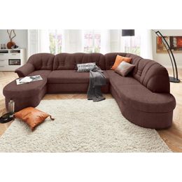 Wohnlandschaft DOMO collection "ELVA 293x180x84 cm, elegante R&uuml;ckensteppung, U-Form", braun, B:293cm H:84cm T:180cm, (gepr&auml;gte) Luxus-Microfaser (100% Polyester);Kunstleder SOFTLUX / Struktur (100% Polyester);Microfaser PRIMABELLE (100% Polyester), Sofas, Wohnlandschaft, whlw. mit Bettfunktion und Federkern