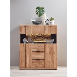 Highboard Wohnconcept "Donna Highboard, 122x144x42 (BxHxT)", wildeiche bianco, anthrazit, B:122cm H:144cm T:42cm, ABS-Kunststoff, Aluminium, Glas, Holzwerkstoff, Massivholz, Metall, Sideboards, Highboard, Beleuchtung optional bestellbar, 3 t&uuml;rig, 2 Schubkasten, Softclose