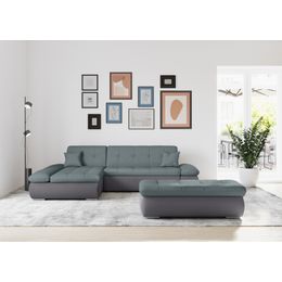 Ecksofa DOMO collection "MORIC 300x172 cm, XXL-Sofa mit viel Platz, L-Form, auch in Cord", grau (eisblau), B:300cm H:80cm T:172cm, Kunstleder SOFTLUX / Struktur (90% Polyester/ 10% Polyacryl);Microfaser PRIMABELLE (100% Polyester)/ Struktur (90% Polyester/ 10% Polyacryl), Sofas, Ecksofa, wahlweise mit Bettfunktion und Armteilverstellung, grau-eisblau