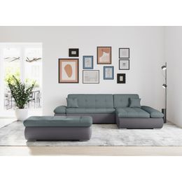 Ecksofa DOMO collection "MORIC 300x172 cm, XXL-Sofa mit viel Platz, L-Form, auch in Cord", grau (eisblau), B:300cm H:80cm T:172cm, Kunstleder SOFTLUX / Struktur (90% Polyester/ 10% Polyacryl);Microfaser PRIMABELLE (100% Polyester)/ Struktur (90% Polyester/ 10% Polyacryl), Sofas, Ecksofa, wahlweise mit Bettfunktion und Armteilverstellung, grau-eisblau