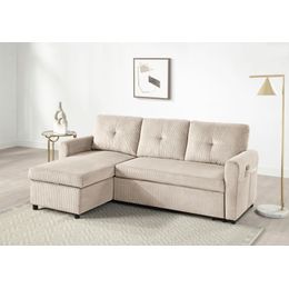 Schlafsofa "Gustavo L-Form, B: 199 cm", beige (creme, wei&szlig;), B:199cm H:82cm T:127cm, 100% PES, ATLANTIC HOME COLLECTION, Sofas, Schlafsofa, mit Bettfunktion, Bettkasten & seitlichen Taschen