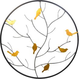 Wanddekoobjekt PAJOMA "Wanddekoration", schwarz, T:2cm &Oslash;:81,5cm, Metall, Wanddekoobjekte, goldene V&ouml;gel auf Herbstzweig, Metall