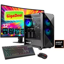 GAMEMAX Gaming-PC-Komplettsystem "GigaDeal Striker 2795 AMD Ryzen 5 9600X WAK 16GB DDR5 1TB SSD RX 9070", Energieeffizienz: G (A-G), schwarz, Microsoft Windows 11 Home (64 Bit), 16 GB RAM 1.000 GB SSD, Computer_Komplettsysteme, Windows 11, DDR5 RAM + Gigabyte GS32QCA LED-Monitor Curved, 80 cm 32"