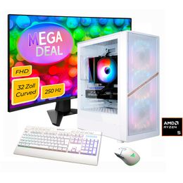 GAMEMAX Gaming-PC-Komplettsystem "MegaDeal AERIS MW 2797 AMD Ryzen 5 5500 16GB 480GB SSD RTX 5060", Energieeffizienz: E (A-G), wei&szlig;, Microsoft Windows 11 Home (64 Bit), 16 GB RAM 480 GB SSD, Computer_Komplettsysteme, Windows 11 + MSI MAG 32C6X Curved Monitor 80cm (32")