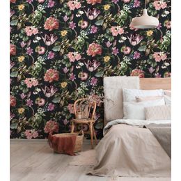 Vliestapete marburg "Tapete Floral Leaf", schwarz (schwarz,rosa,gr&uuml;n), B:0,53m H:0,01m L:10,05m, Vlies, Tapeten, moderne Vliestapete f&uuml;r Wohnzimmer Schlafzimmer K&uuml;che