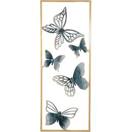 Wanddekoobjekt "Wanddekoration", blau, B:28,5cm H:74,5cm T:4cm, Metall, HOFMANN LIVING AND MORE, Wanddekoobjekte, Schmetterlinge grau, in goldfarbenen Rahmen