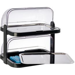Buffet-Vitrine APS "Doppeldecker", schwarz (schwarz, transparent), B:32cm H:44cm L:44cm, Edelstahl, Kunststoff, Servierplatten, 2-stufig, inkl. 4 K&uuml;hlakkus