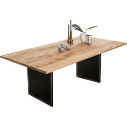 Esstisch Sit, beige (natur, schwarz, schwarz, natur), B:220cm H:77cm T:100cm, Wildeiche ge&ouml;lt, Metall, Tische, Esstisch, Gestell im Used Look