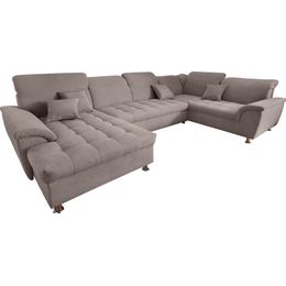 Wohnlandschaft DOMO collection "FRANZI optional mit Bettfunktion, Bettkasten & Kopfteilverstellung", grau (taupe), B:352cm H:81cm T:206cm, Flachgewebe (100% Polyester);Chenille (100% Polyester), Sofas, Wohnlandschaft, U-Form, Recamiere links, taupe, B/T: 352/206 cm