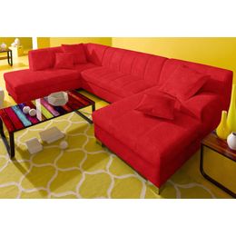 Wohnlandschaft DOMO collection "TURAH 297x195x75 cm, moderne Steppung", rot, B:297cm H:75cm T:195cm, Microfaser PRIMABELLE (100% Polyester);Struktur ( 85% Polyester, 15% Acryl);NaturLEDER (Echtes Rindsleder);Kunstleder SOFTLUX/Struktur ( 100% Polyester);Zierkissen: wie Oberstoff, Sofas, Wohnlandschaft, whlw. mit Bettfunktion, U-Form