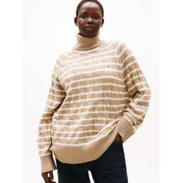 Rollkragenpullover Tommy Hilfiger Curve "CRV SOFT WOOL CABLE ROLL-NK SWT", Damen, Gr. 52, beige (safari canvas htr, ivory petal stp), Strick, Obermaterial: 100% Wolle, gestreift, B&uuml;ndchen, Pullover Rollkragenpullover, in gro&szlig;en Gr&ouml;&szlig;en, mit Zopfmuster, aus reiner Wolle