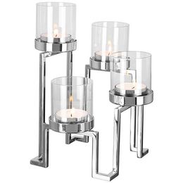 Kerzenhalter Fink "GRANT, Weihnachtsdeko", silber (silberfarben), B:18cm H:24cm T:18cm, Edelstahl, Glas, Kerzenhalter, Kerzenhalter, aus Edelstahl und Glas, 4-flammig, Adventsleuchter