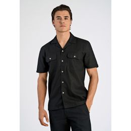 Leinenhemd LINDBERGH "Leinenhemd (Kurzarm) Relaxed Fit", Herren, Gr. L, Normalgr&ouml;&szlig;en, schwarz, Obermaterial: 55% Leinen, 45% Baumwolle, Hemden