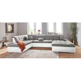 Wohnlandschaft DOMO collection "MORIC Massiv - Belastbar bis 140 kgxSitz, 353x216x80 cm, XXL", wei&szlig; (wei&szlig;, wei&szlig;, grau, grau), B:353cm H:80cm T:216cm, Kunstleder SOFTLUX / Struktur (90% Polyester, 10% Polyacryl), Sofas, Wohnlandschaft, U-Form, inkl. Zierkissen