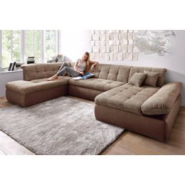 Wohnlandschaft DOMO collection "MORIC 353x216x80 cm, mit viel Platz, U-Form, auch in Cord", bunt (braun, beige, braun), B:353cm H:80cm T:216cm, Microfaser PRIMABELLE / Struktur (90% Polyester/ 10% Polyacryl);Kunstleder SOFTLUX / Struktur (90% Polyester/ 10% Polyacryl), Sofas, Wohnlandschaft, im XXL-Format, wahlweise mit Bettfunktion und Armlehnenverstellung