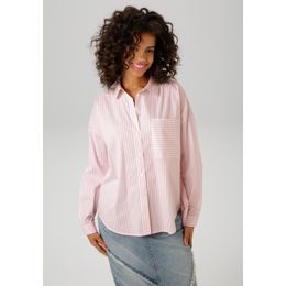 Hemdbluse Aniston CASUAL, Damen, Gr. 40, rosa (rosa, wei&szlig;), Web, Obermaterial: 72% Baumwolle, 27% Polyamid, 1% Elasthan, gestreift, oversize Po-bedeckend, 1-Knopf-Manschette, Blusen Hemdbluse, im Streifen-Dessin