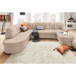 Wohnlandschaft DOMO collection "ELVA 293x180x84 cm, elegante R&uuml;ckensteppung, U-Form", beige (natur), B:293cm H:84cm T:180cm, (gepr&auml;gte) Luxus-Microfaser (100% Polyester);Kunstleder SOFTLUX / Struktur (100% Polyester);Microfaser PRIMABELLE (100% Polyester), Sofas, Wohnlandschaft, whlw. mit Bettfunktion und Federkern