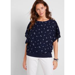 Shirtbluse bonprix, Damen, Gr. 38, dunkelblau, wei&szlig; bedruckt, Web;Georgette, Obermaterial: 100% Polyester. Innentop: 100% Polyester, bedruckt, loose fit h&uuml;ftlang, Rundhals, Fledermaus&auml;rmel,angeschnitten, Blusen, lockere Passform, maritimer Allover-Print, angesetztes Taillenb&uuml;ndchen