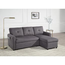 Schlafsofa "Gustavo L-Form, B: 199 cm", grau (dunkelgrau), B:199cm H:82cm T:127cm, 100% PES, ATLANTIC HOME COLLECTION, Sofas, Schlafsofa, mit Bettfunktion, Bettkasten & seitlichen Taschen