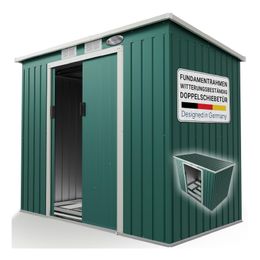 Juskys Metall Ger&auml;tehaus Ger&auml;teschuppen M mit Pultdach, Schiebet&uuml;r & Fundament 4m&sup3; gr&uuml;n