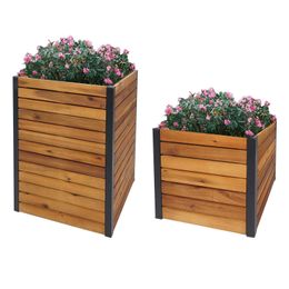 2er-Set Pflanzkasten MCW-L23, Hochbeet Pflanzk&uuml;bel Blumenkasten, Outdoor Akazie Holz MVG-zertifiziert Aluminium braun