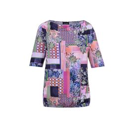 Kurzarmshirt GOLDNER "Kurzgr&ouml;&szlig;e Stretchbluse mit Patchwork-Muster", Damen, Gr. 21, blau (marine, gemustert), Obermaterial: 95% Polyester PES. 5% Elasthan EL., figurumspielend, Sonstiges, Shirts, keine/nicht relevant