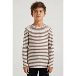 Langarmshirt name it "NMNBANI LS XSL TOP NOOS", Jungen, Gr. 110, toasted coconut, Jersey, Obermaterial: 57% Baumwolle, 38% Modal, 5% Elasthan, geringelt, gestreift, slim fit h&uuml;ftbedeckend, Rundhals, abgesteppte Kante, Shirts Langarmshirt, Ringel-Look in toller Rippen-Qualit&auml;t